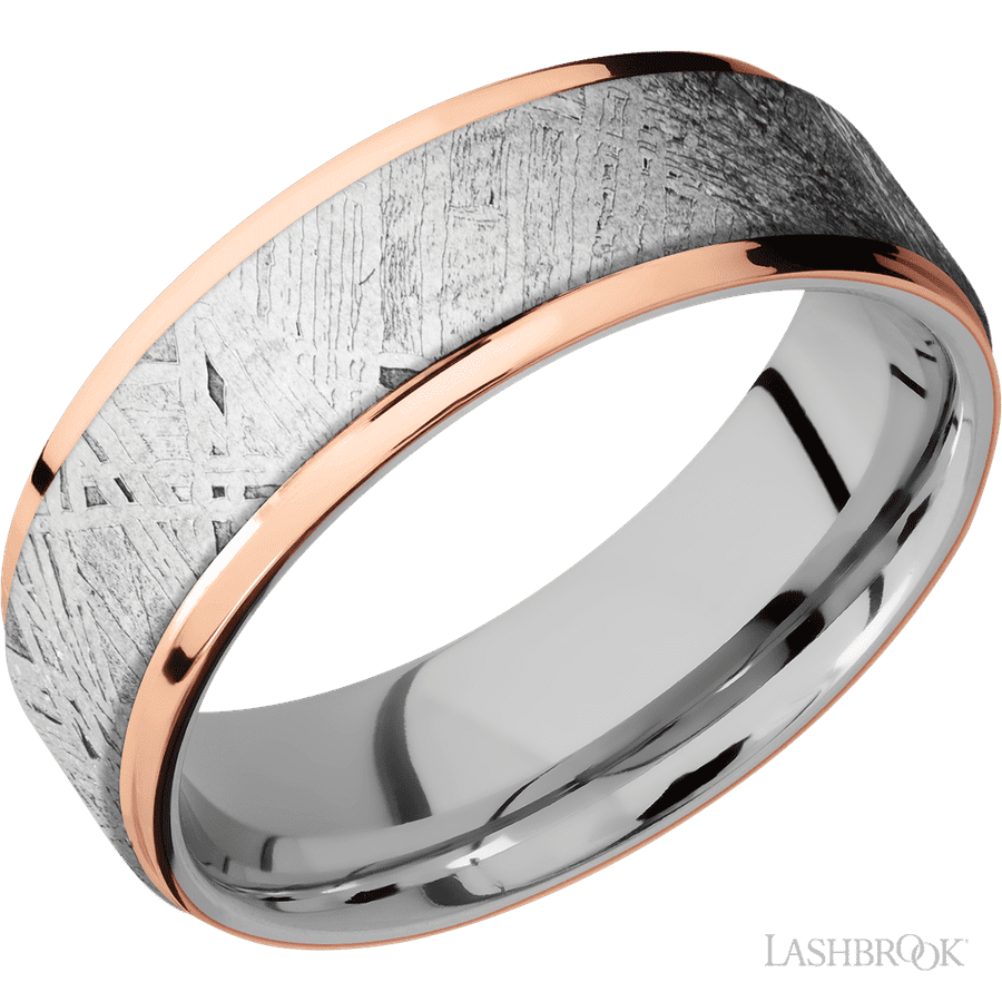 7 mm wide/Flat Grooved Edges/Cobalt Chrome band featuring inlays of Me ...