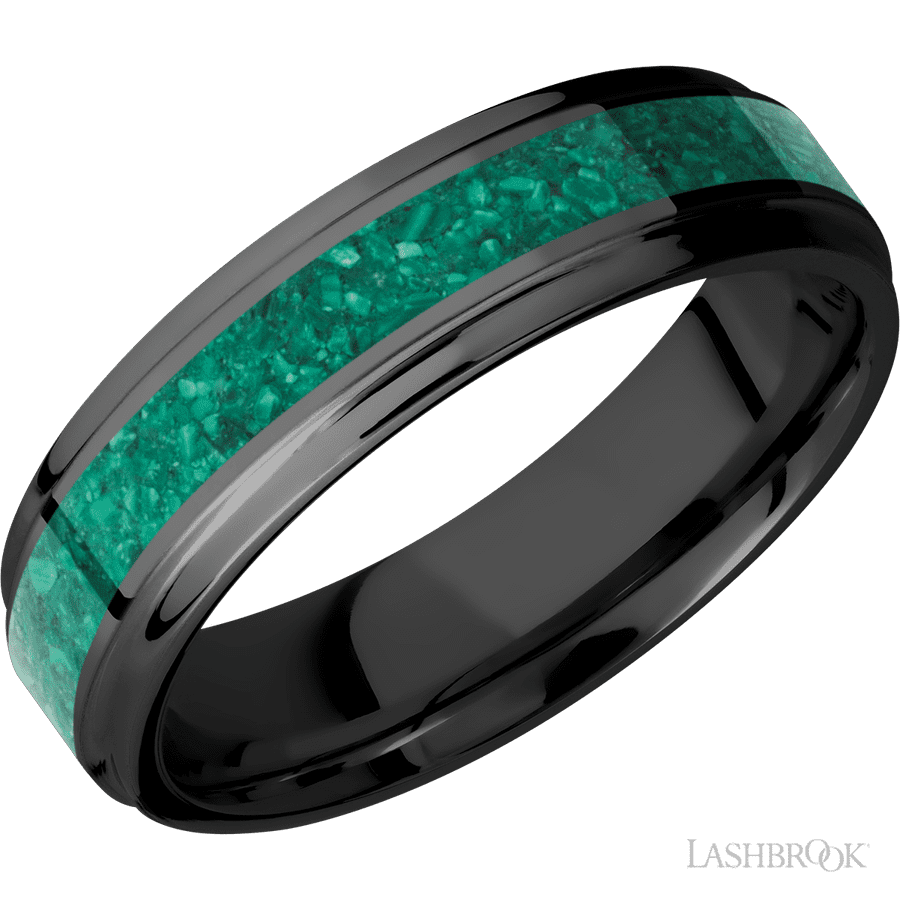 6 mm wide/Flat Grooved Edges/Zirconium band with one 3 mm Centered inl ...